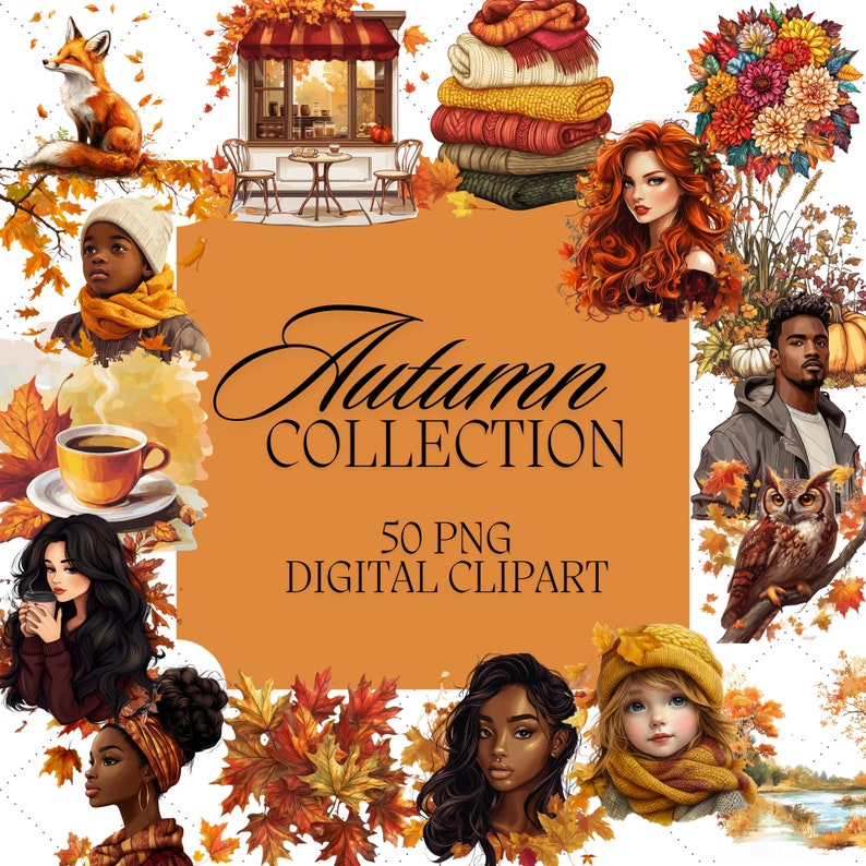 Autumn Collection 50 PNG Clip Art Bundle | Fall Leaves, Pumpkins, Cozy ...
