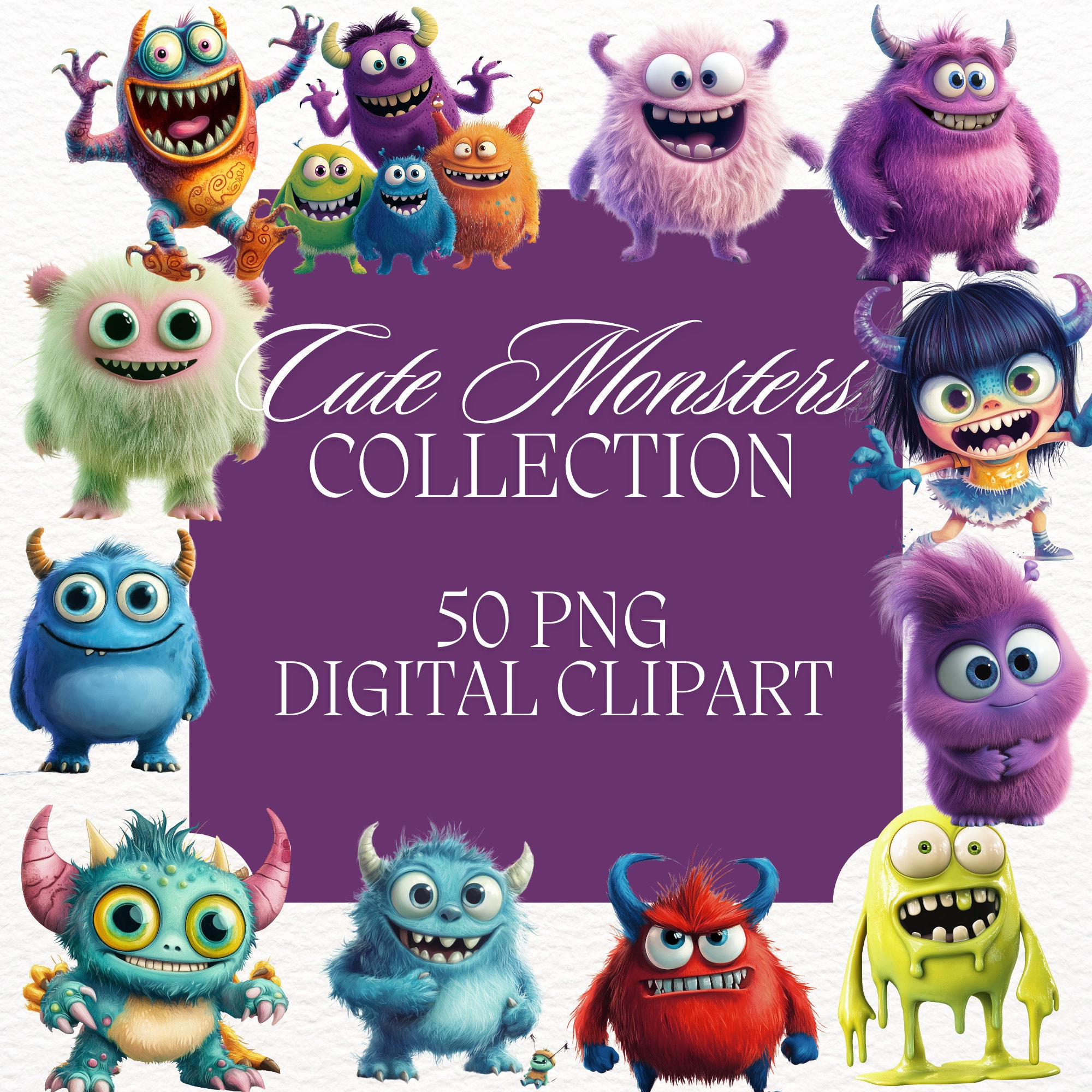 Cute Monster Clipart PNG - High-resolution 300 DPI - Digital Download ...