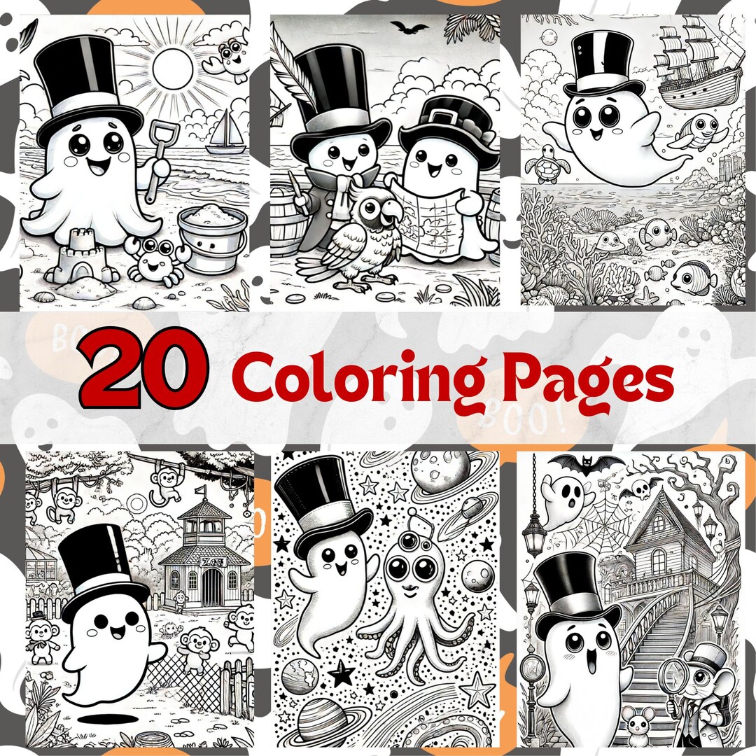 Kawaii Cute Ghost Coloring Pages, Ghost in a Jungle, Halloween Ghost ...