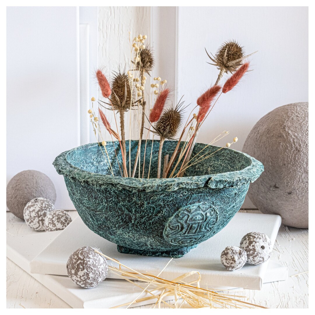Rustic Patina Paper Mache Bowl Hotel Lobby Art, Antique Decor Accent ...