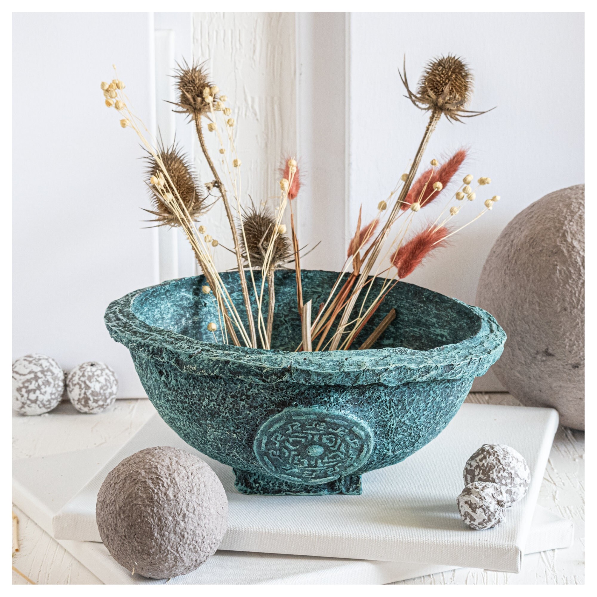 Rustic Patina Paper Mache Bowl Hotel Lobby Art, Antique Decor Accent ...