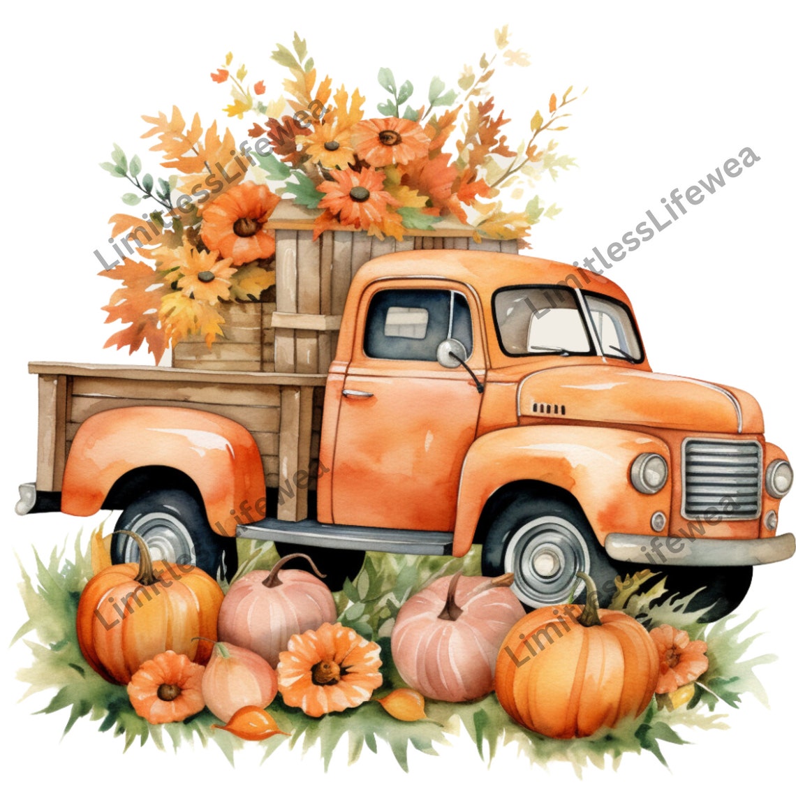 Cute Fall Farm Truck Digital Print, Fall Flowers and Pumpkins, Instant ...