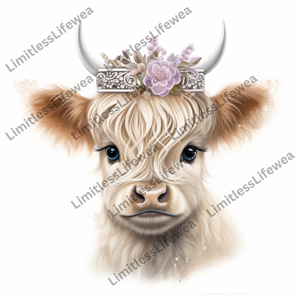 White Highland Cow With Tiara, Cute Cow Art, 12x12 Digital Print ...