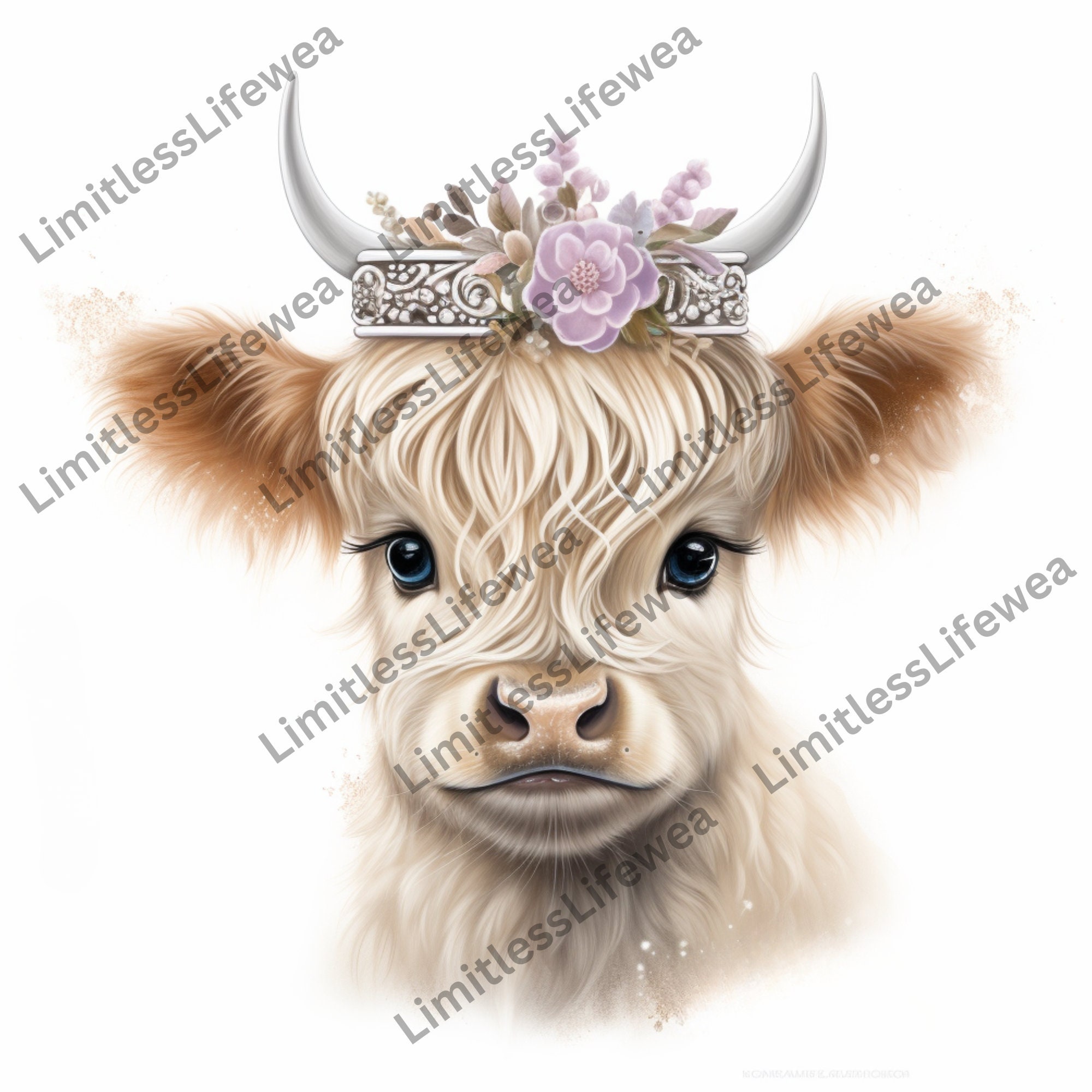 White Highland Cow With Tiara, Cute Cow Art, 12x12 Digital Print ...