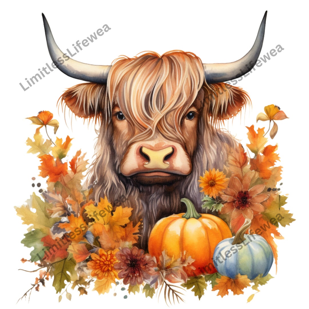 Cute Fall Highland Cow Digital Print Fall Flowers and - Etsy