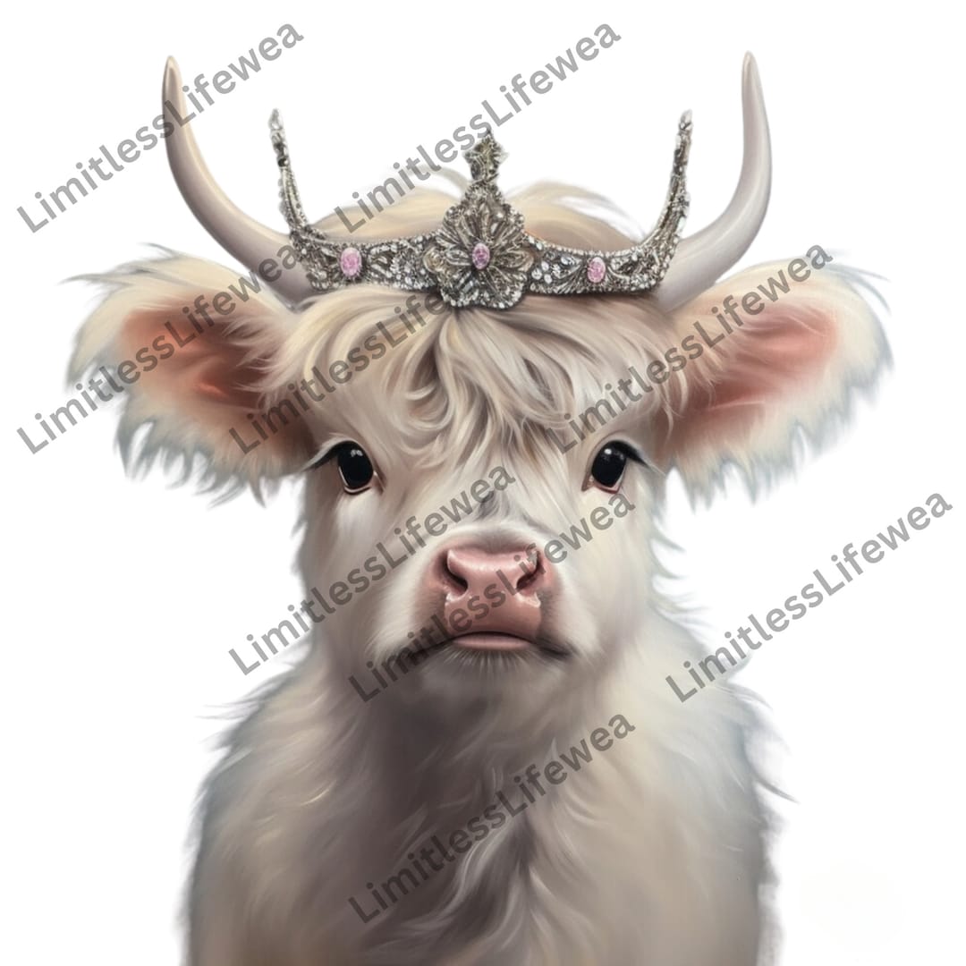 White Highland Cow With Tiara, Cute Cow Art, 12x12 Digital Print ...