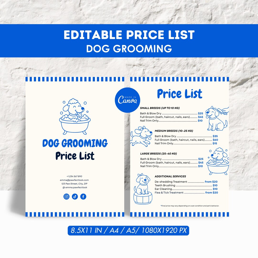Dog Grooming Price List Template | Editable Canva Design (digital ...
