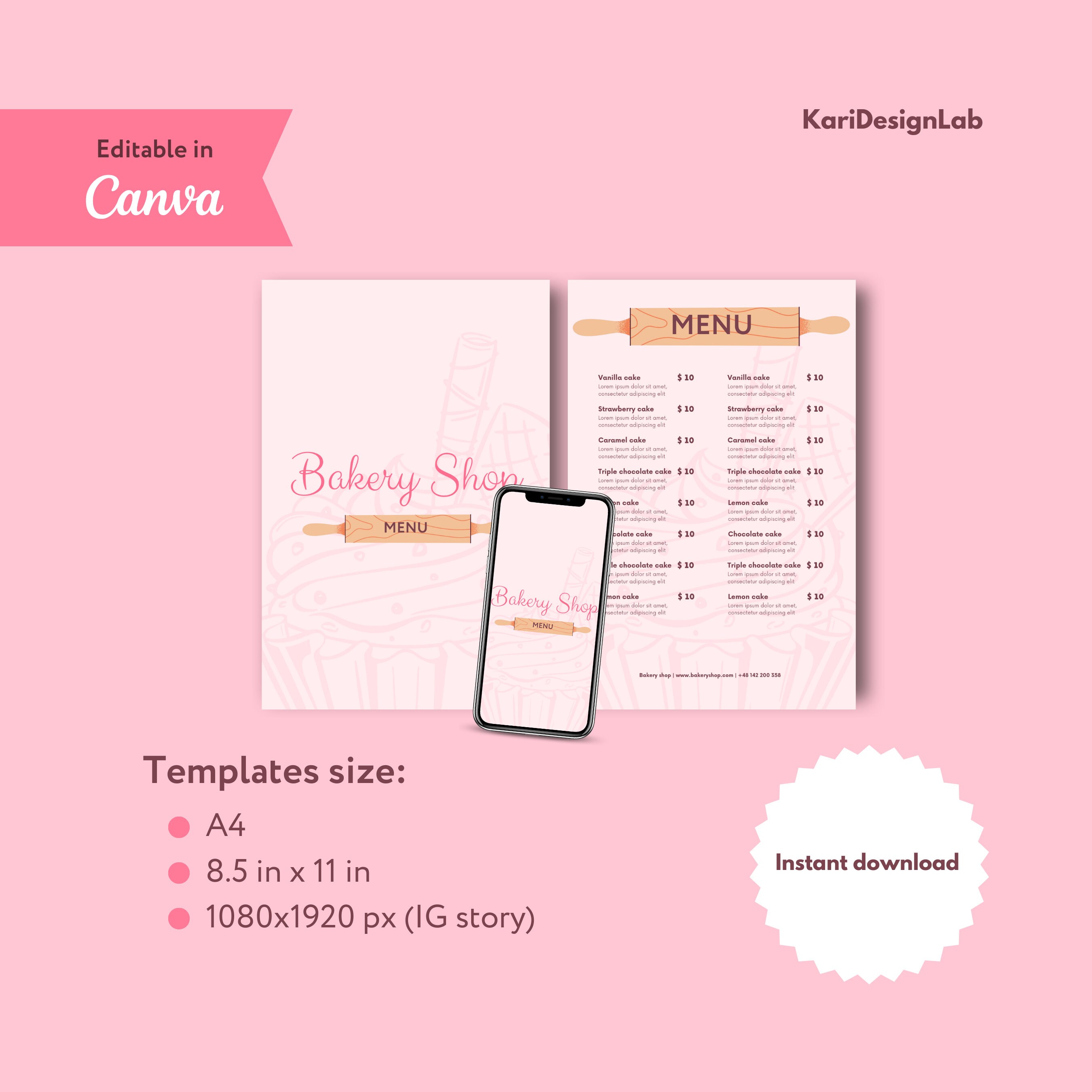 Editable Pink Bakery Menu Template, Cake Price List (canva) - Etsy