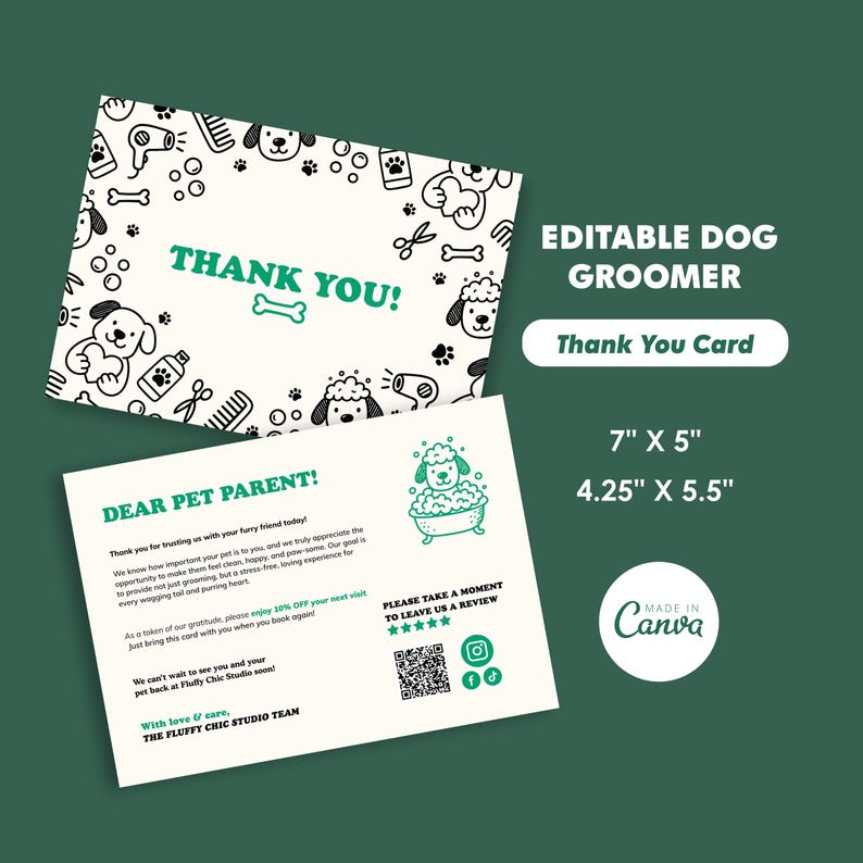 Editable Dog Groomer Thank You Card | Pet Salon Template (canva) - Etsy