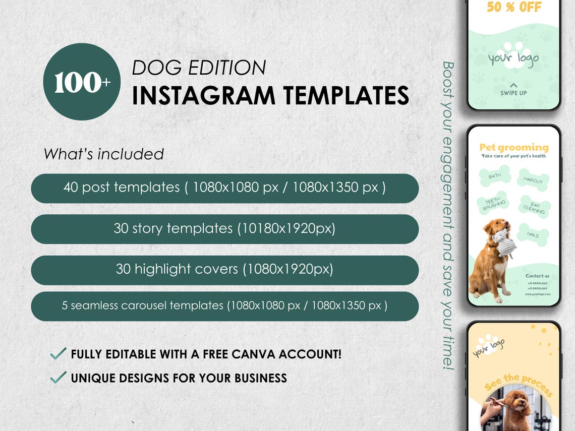Dog Instagram Templates, Groomer Post and Story, Canva (digital ...