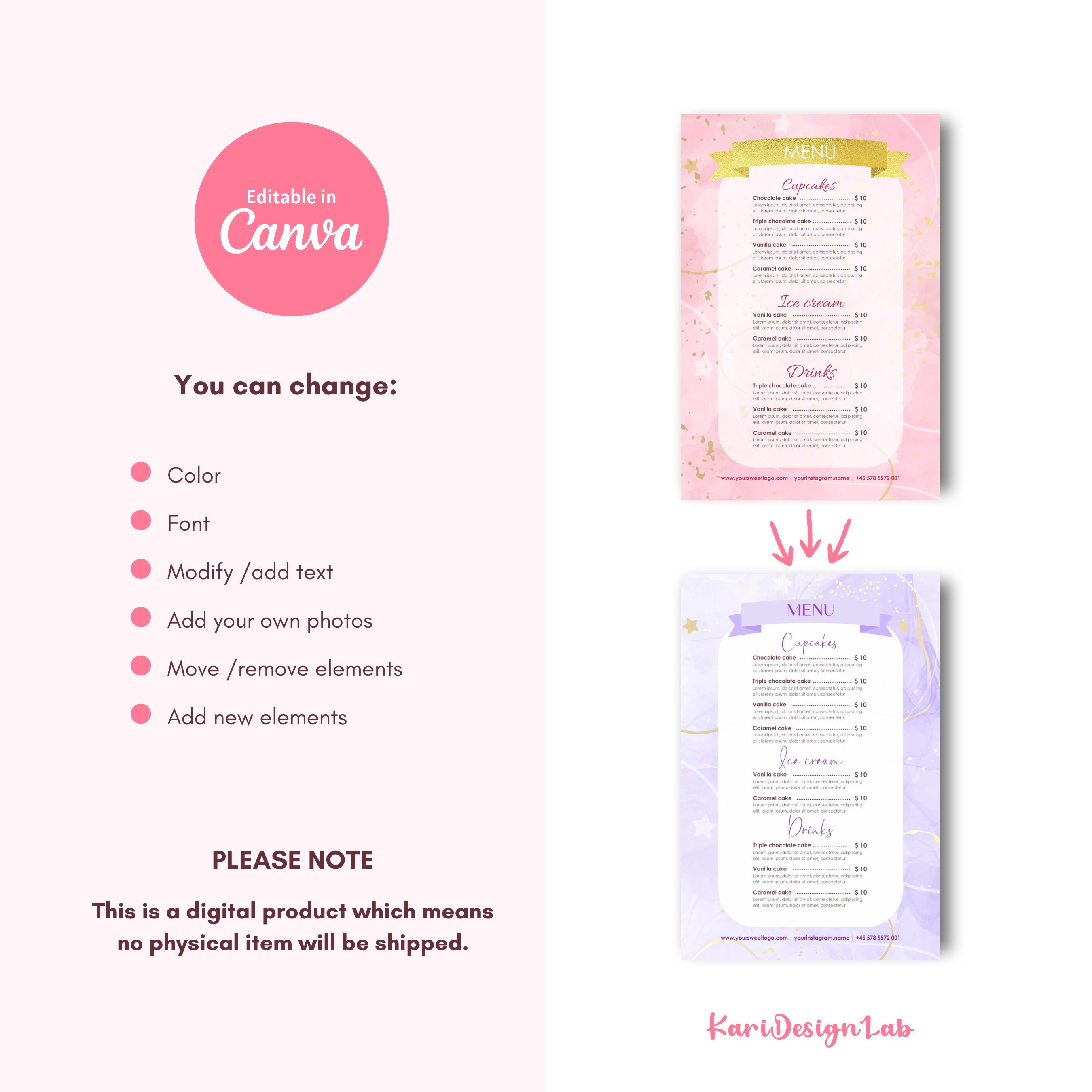 Pink Bakery Menu Template, Editable Dessert Price List (canva) - Etsy