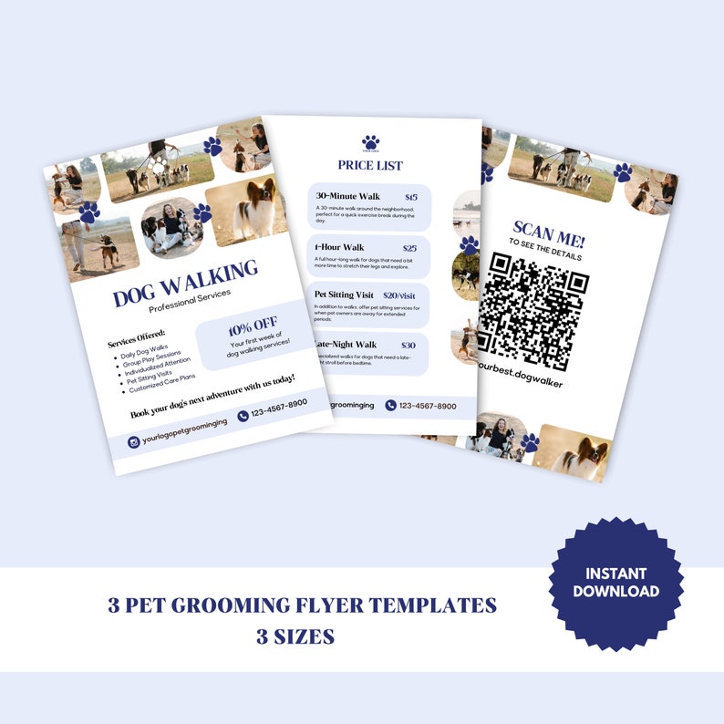 Dog Walker Flyer Template, Pet Business Price List, QR Code Sign ...