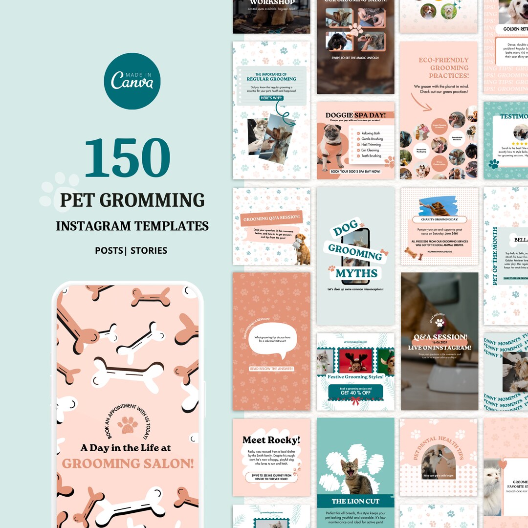 150 Pet Grooming Instagram Post and Story Templates, Dog Grooming ...