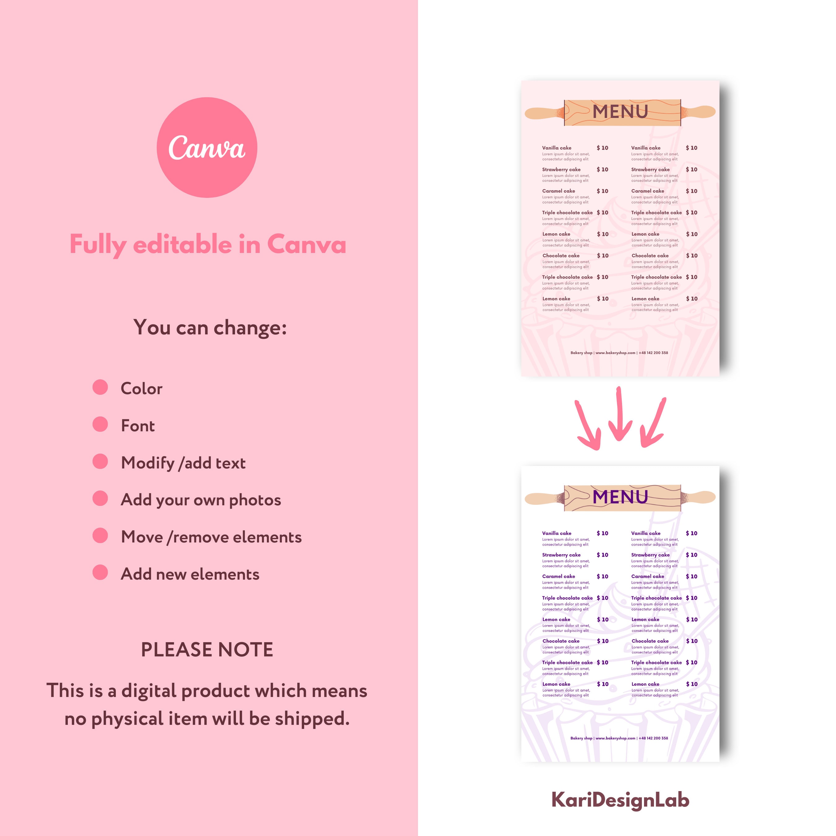 Editable Pink Bakery Menu Template, Cake Price List (canva) - Etsy