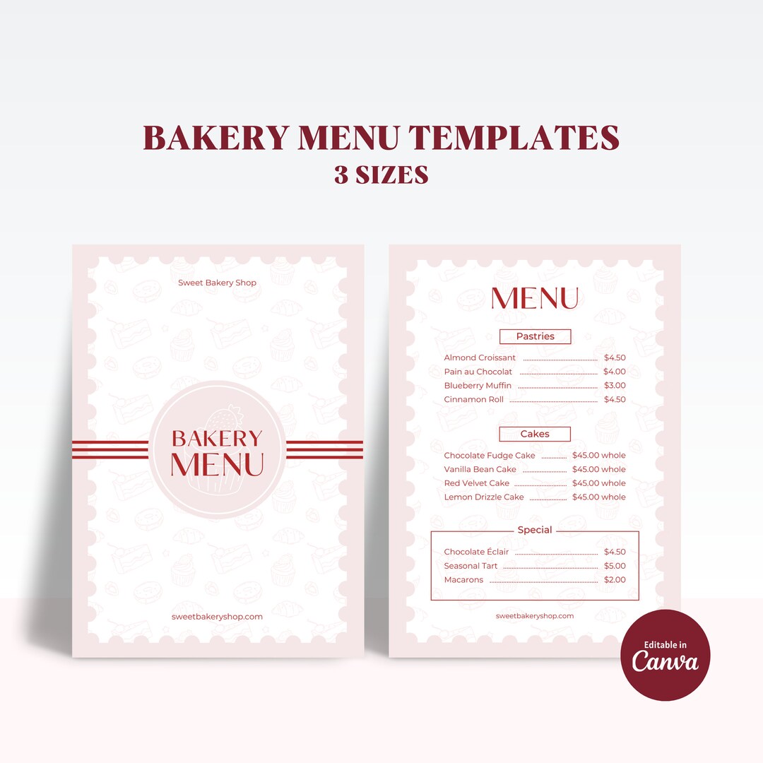 Pink Bakery Menu Template, Editable Cafe Price List (digital Download ...