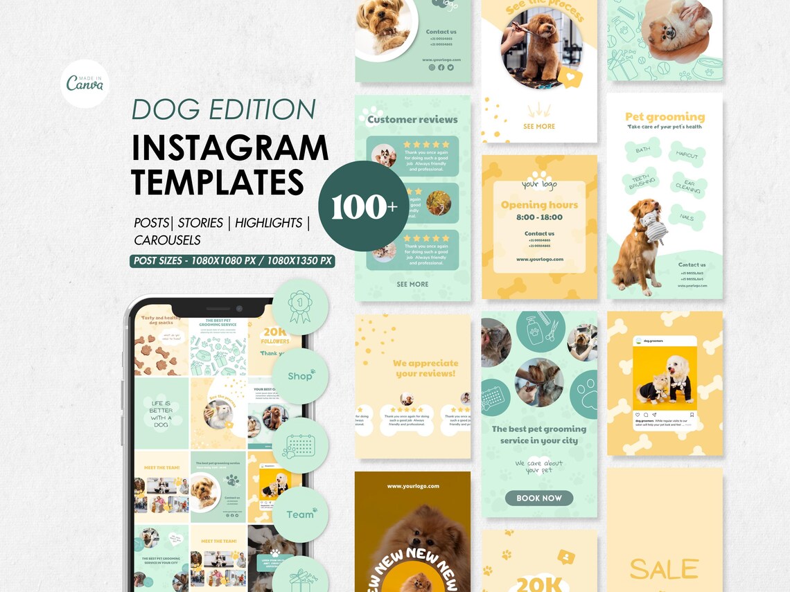 Dog Instagram Templates, Groomer Post and Story, Canva (digital ...