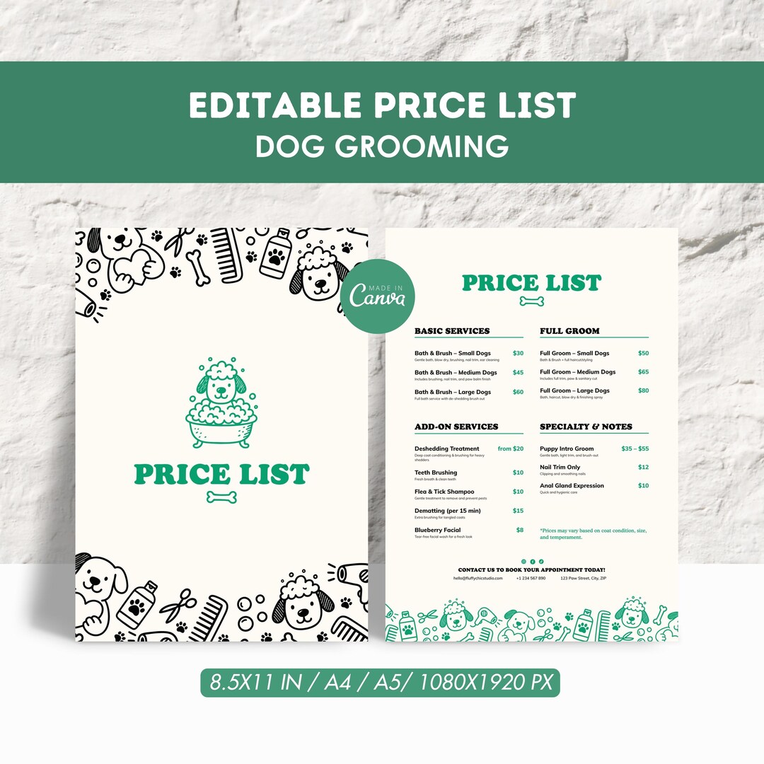 Dog Grooming Price List Template | Editable Pet Salon Menu (canva) - Etsy