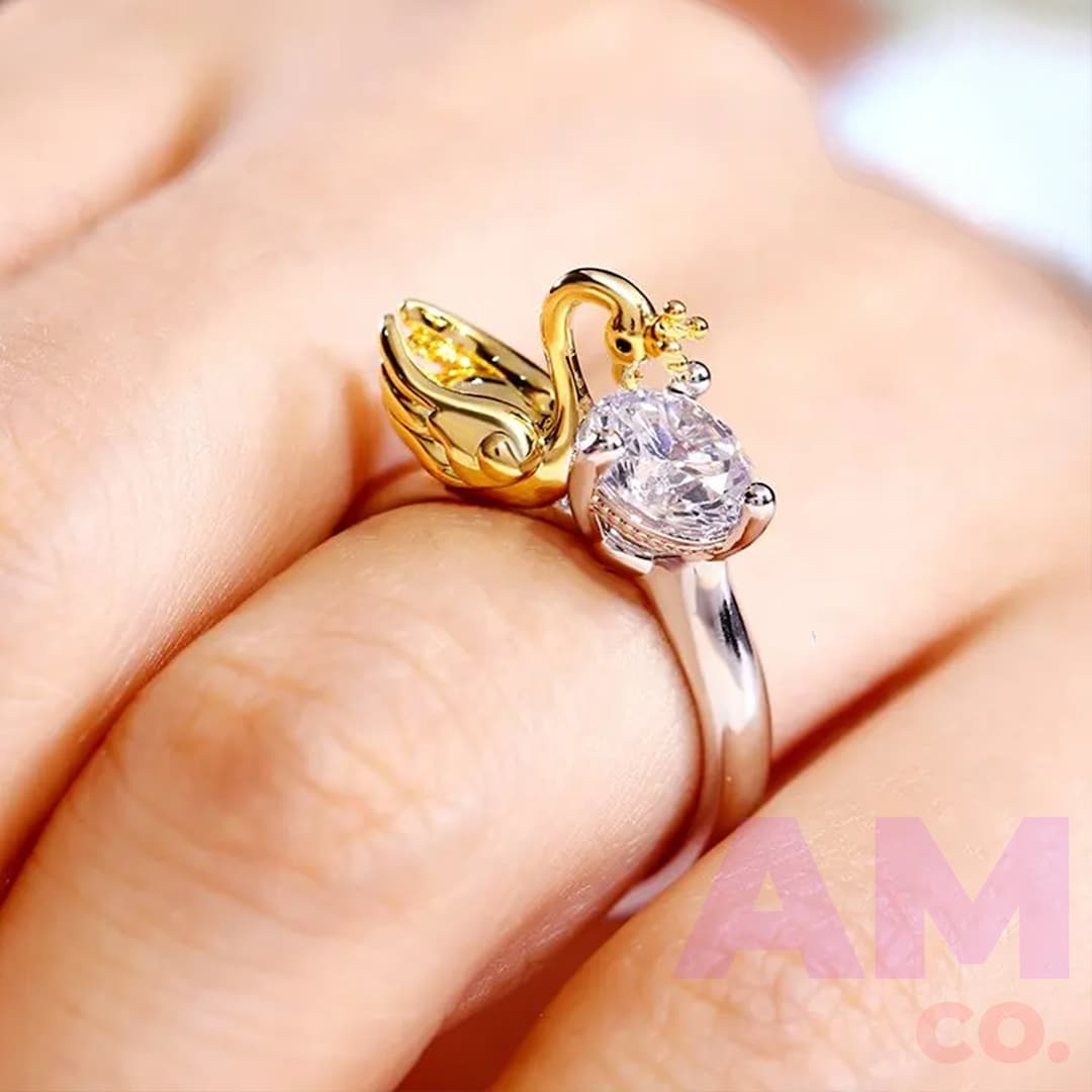 Elegant Silver Swan Ring, Gold Swan & Zircon Fountain Ring, Silver Swan ...