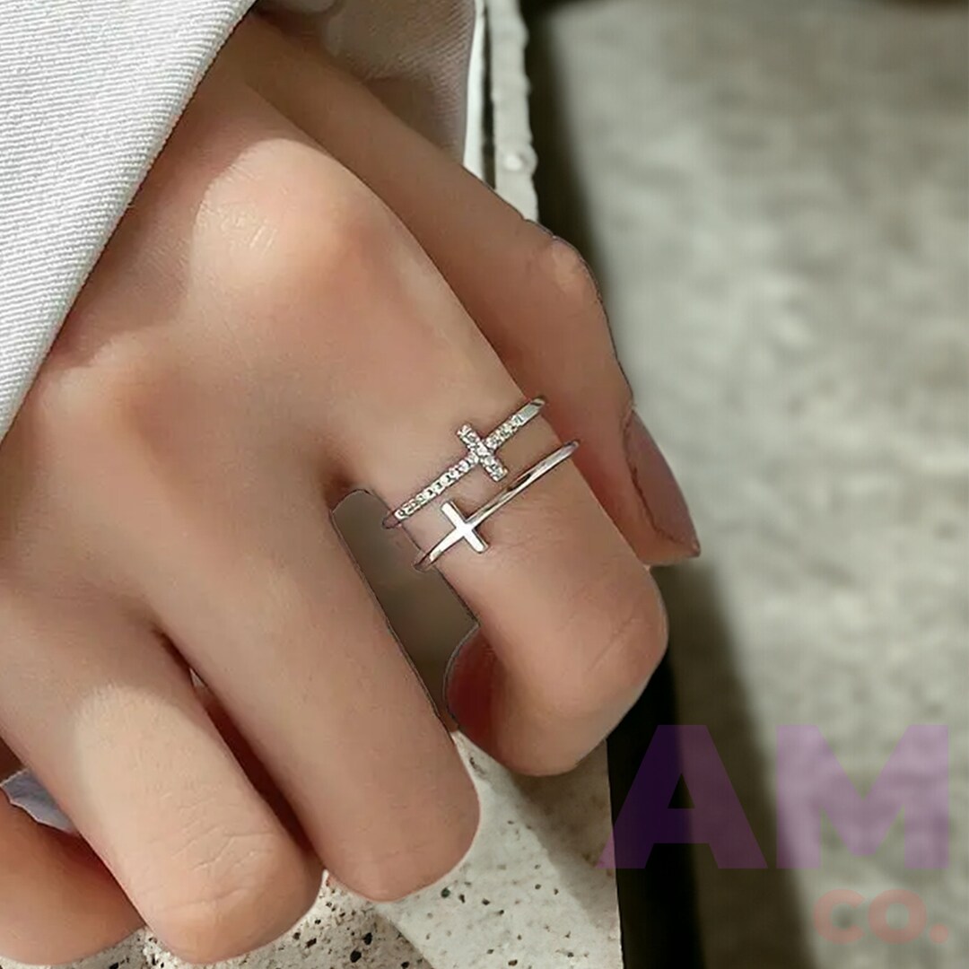 Double Cross Ring, Elegant Silver 925 Ring, Minimalist CZ Jewelry, Perfect Mother's Day Ring ...