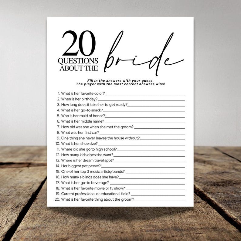 20 Questions Bridal Shower Game Printable Digital Download Modern ...