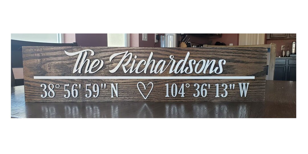 Family Name and Home Coordinates Sign, Solid Wood Laser Cut Home Decor ...