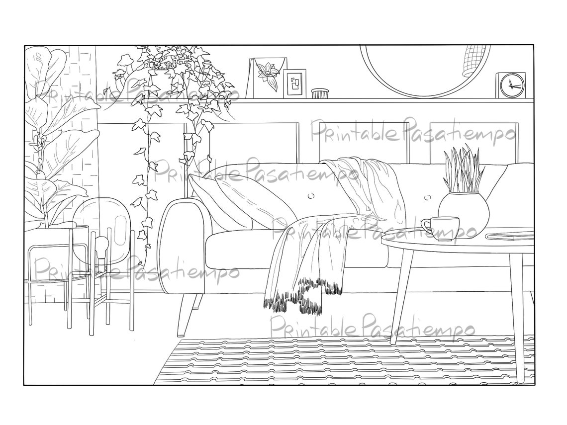 4 Interior Design Detailed Printable Coloring Pages, Lifelike, PDF, PNG ...