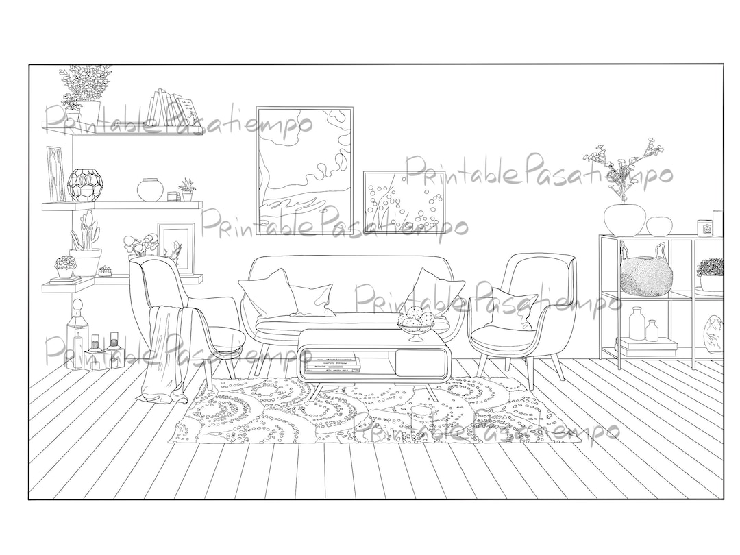 4 Interior Design Detailed Printable Coloring Pages, Lifelike, PDF, PNG ...