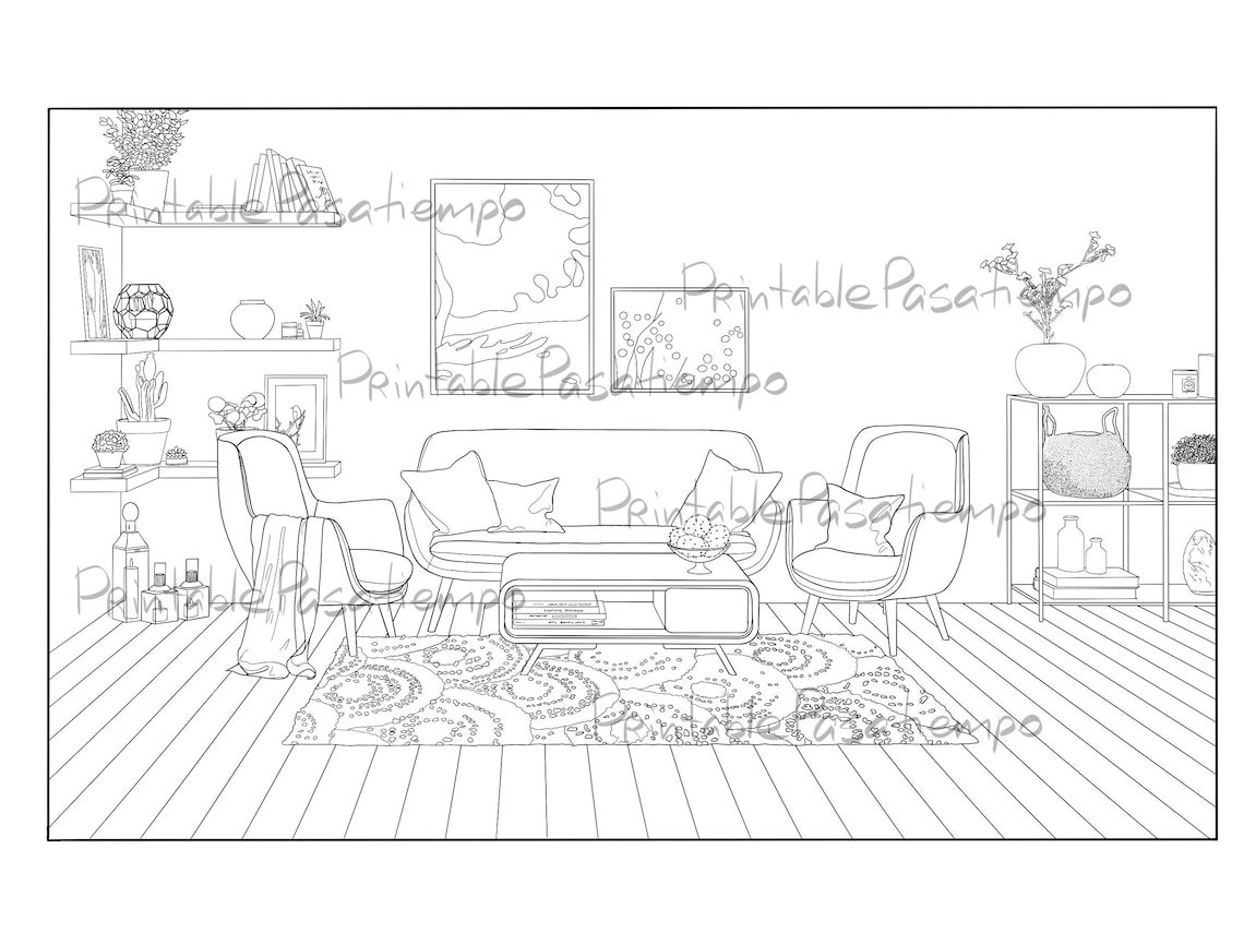 4 Interior Design Detailed Printable Coloring Pages, Lifelike, PDF, PNG ...