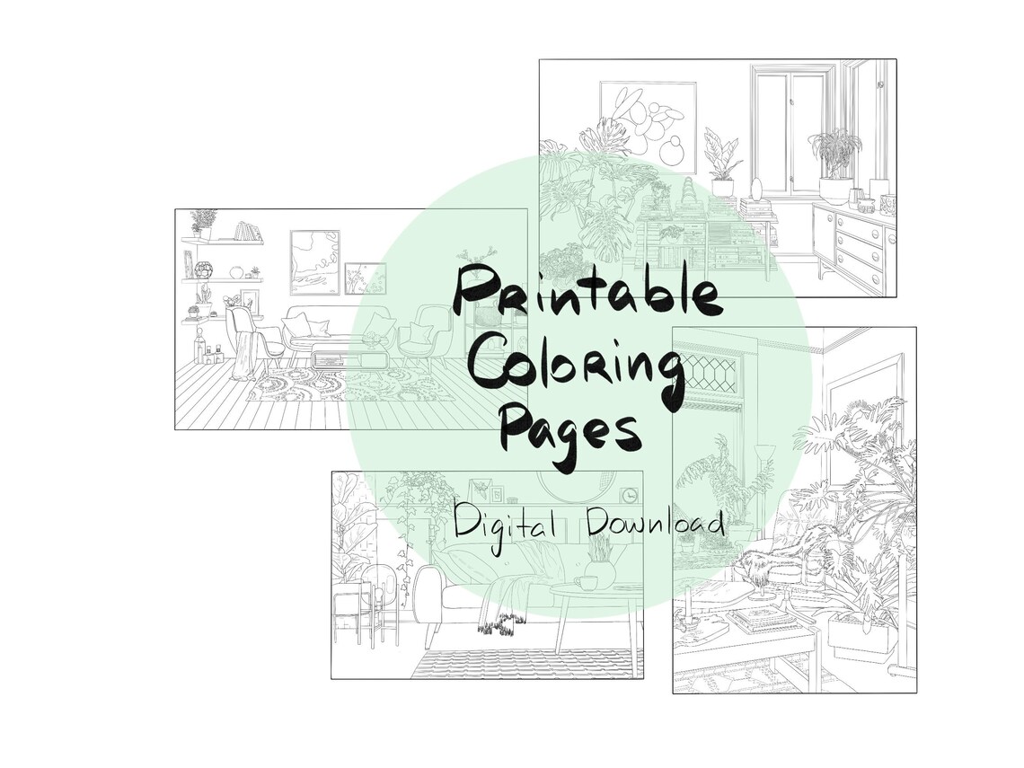 4 Interior Design Detailed Printable Coloring Pages, Lifelike, PDF, PNG ...