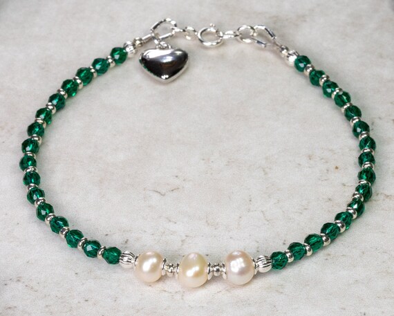 Pearl and Emerald handmade gemstone bracelet with Sterling silver spring ring clasp and heart charm gift for women wellbeing bracelet Etsy