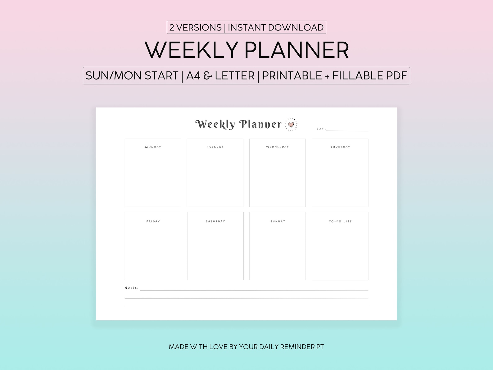 Single Page Weekly Planner Printable Landscape Office Planner Desk ...