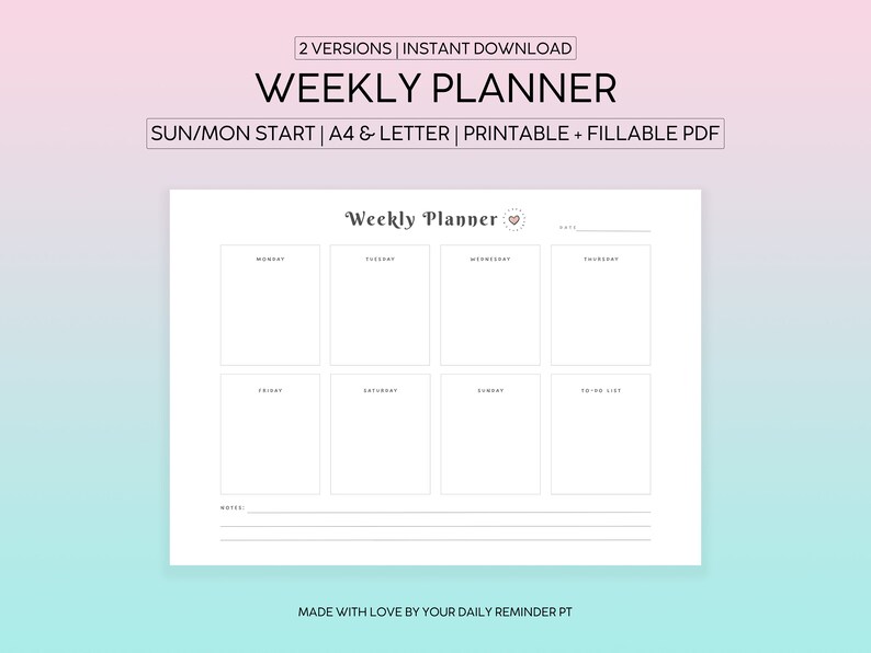 Single Page Weekly Planner Printable Landscape Office Planner Desk ...