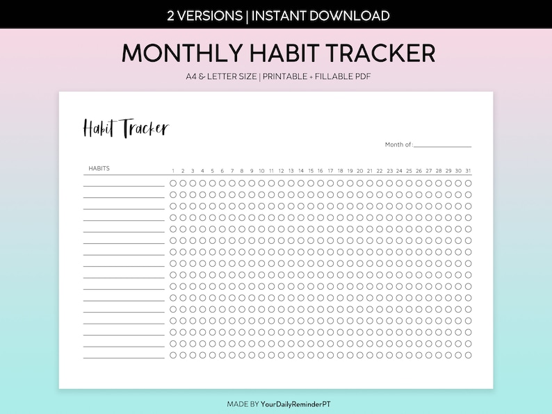 Minimalist Monthly Habit Tracker Printable Landscape Template, Routine ...