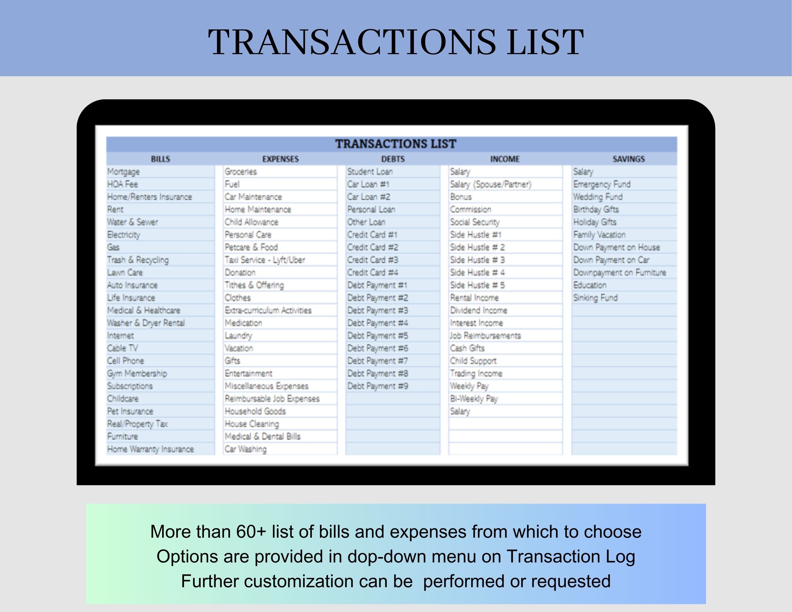 Monthly Budget Sheet Transaction List Transaction Categories ...