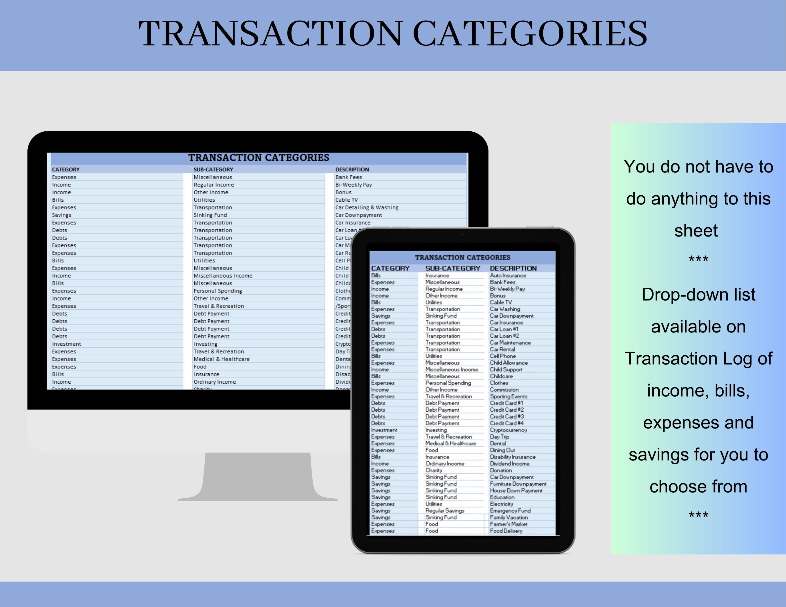 Monthly Budget Sheet Transaction List Transaction Categories ...