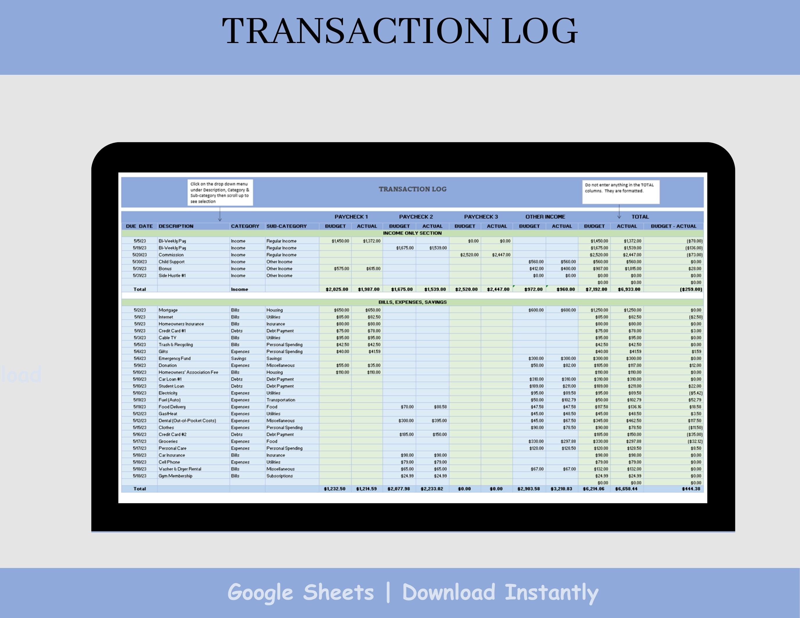 Monthly Budget Sheet| Transaction List | Transaction Categories ...