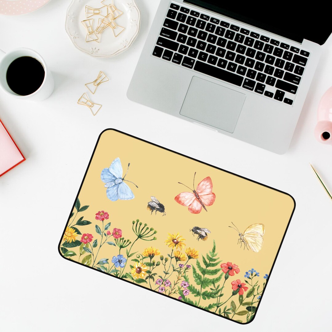 Yellow Desk Mat - Wildflower and Butterfly, Cottagecore Gaming Pad ...