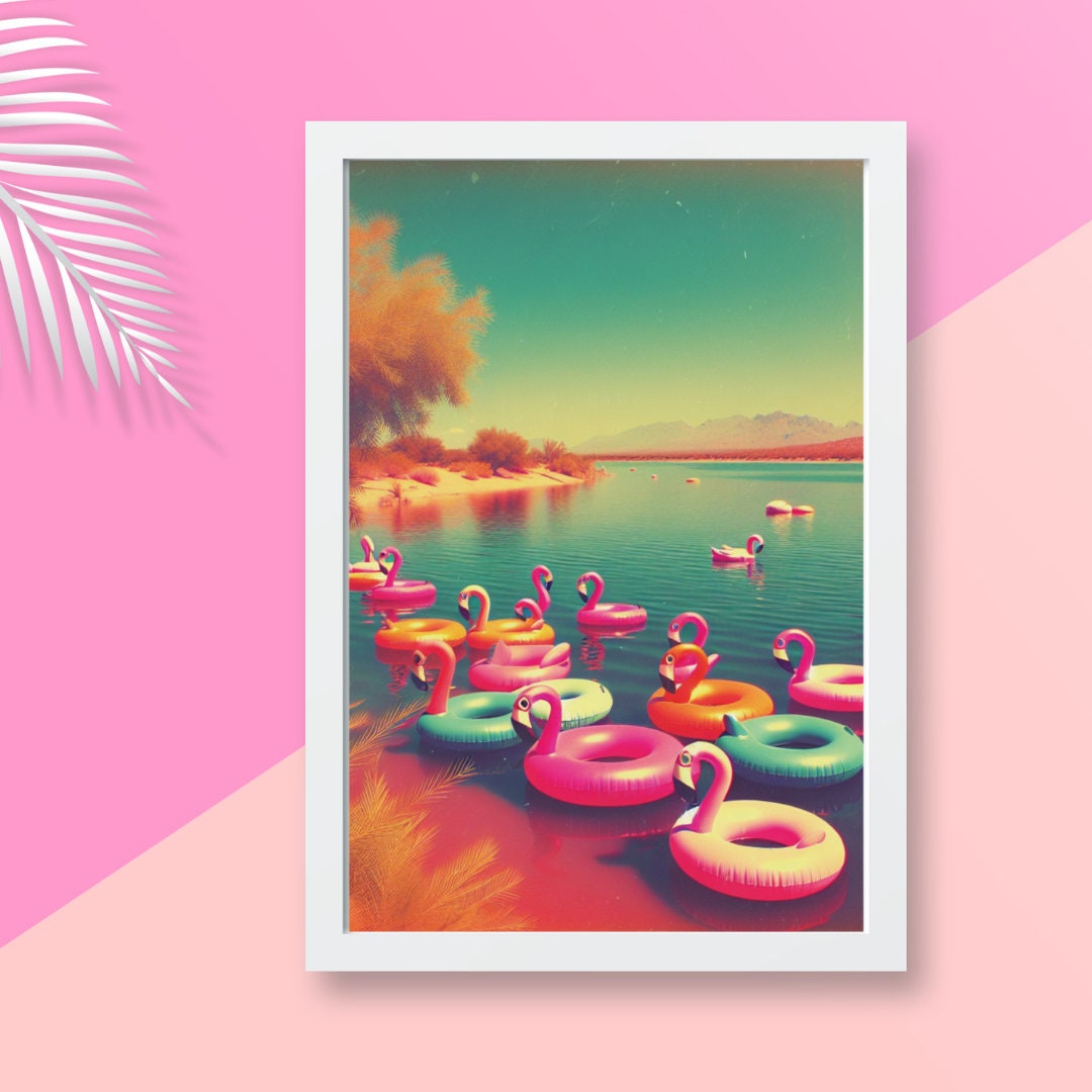 Flamingo Pool Floats Summer Wall Art Print, Flamingo Lakehouse Decor ...