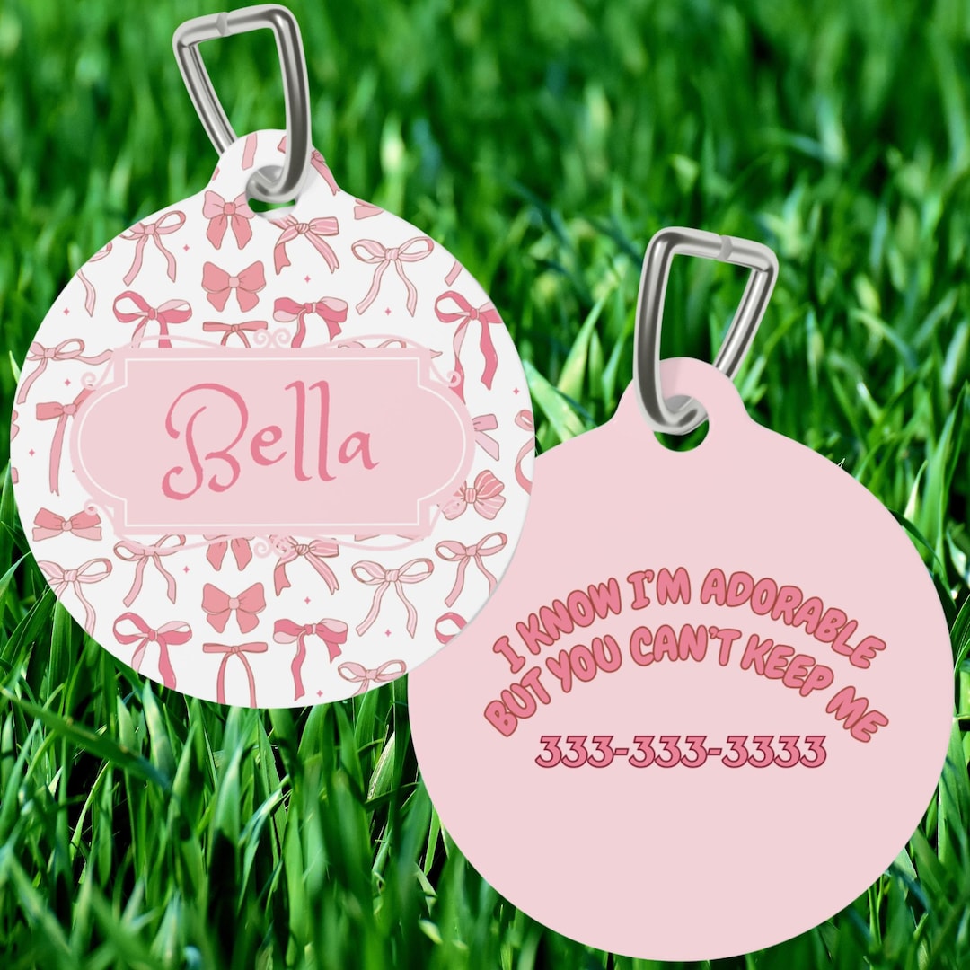Cute Pastel Pink Coquette Bow Pet ID Tag, Metal Double Sided Dog Name ...