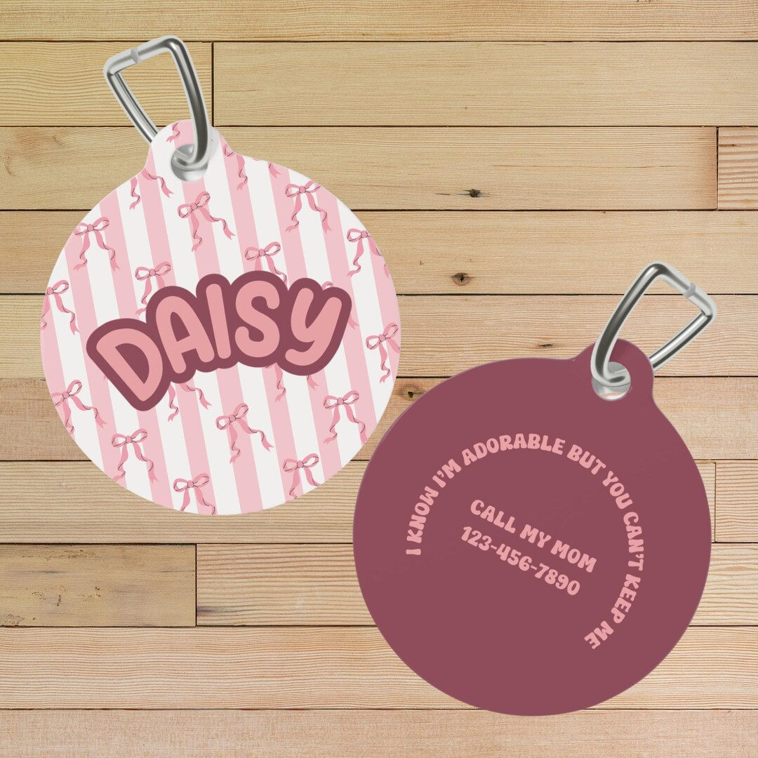 Pink Coquette Bow Dog ID Tag With Pinstriped Design, Custom Pet Collar ...