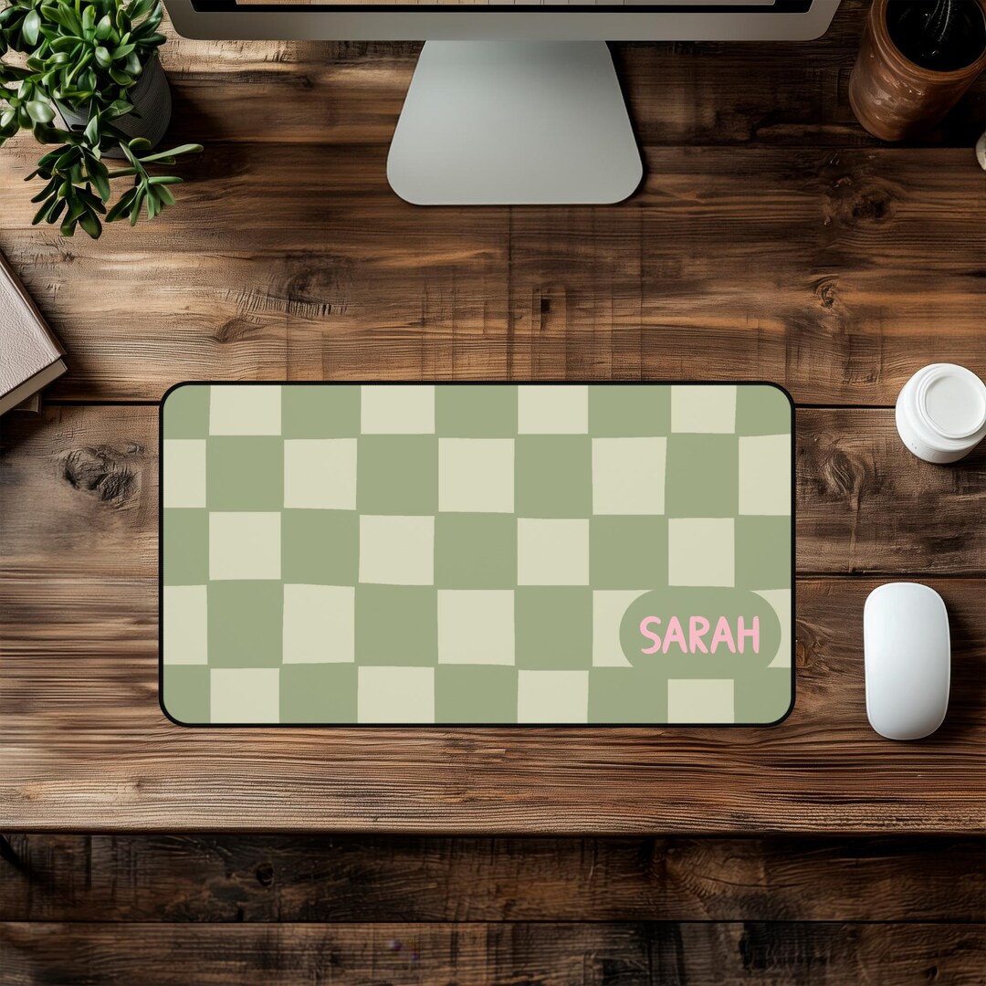 Sage Green Checkered Desk Mat, Cute Custom Mouse Pad, Personalized ...