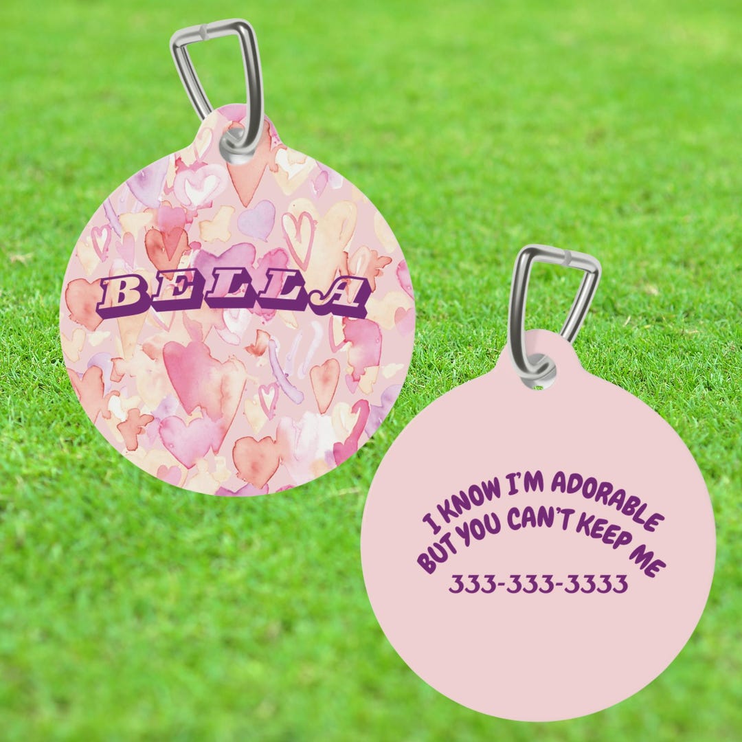 Pet ID Name Tag for Dog and Cat Collar- Watercolor Heart, Custom Round ...