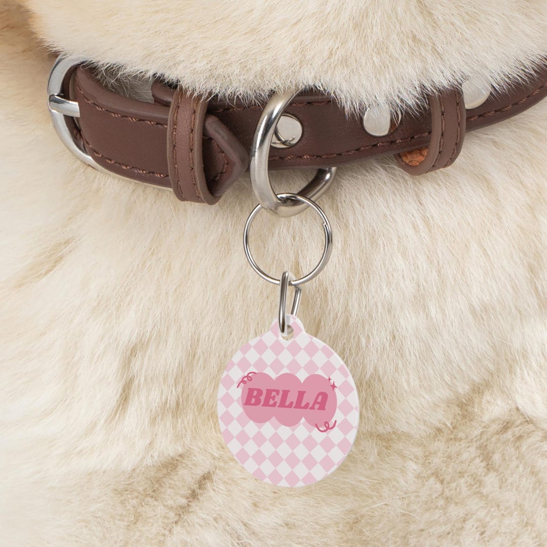 Pet ID Collar Name Tag - Pastel Pink Diamond Pattern, Custom Metal ...