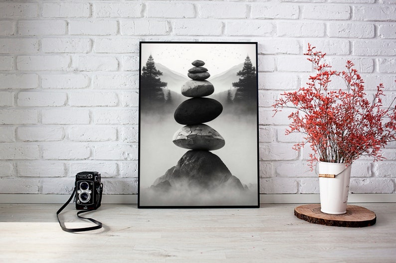 Stacked Stones | Buddhist Art | Stacked Stones Wall Art | Digital Art ...
