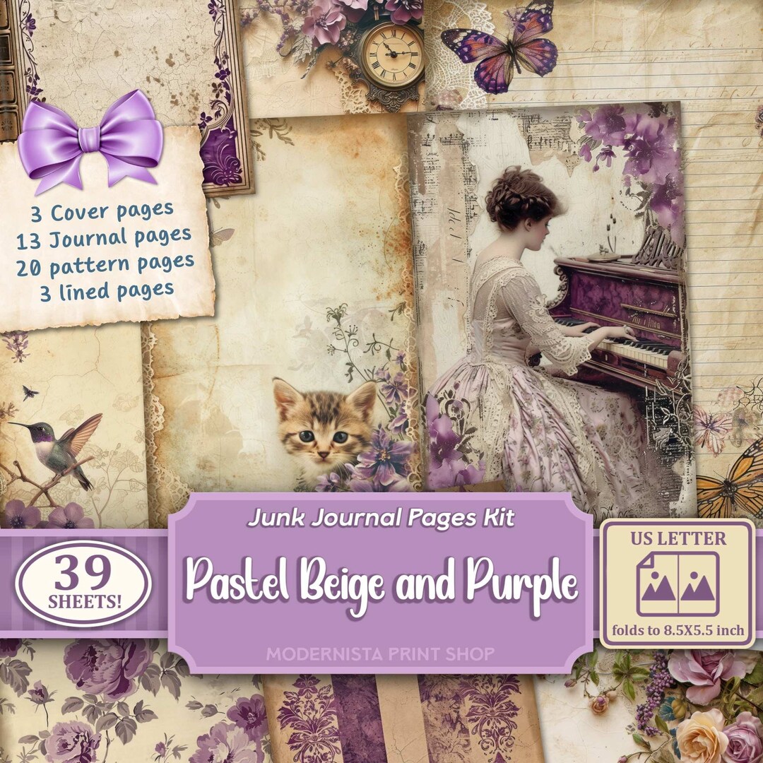 Pastel Beige and Purple Junk Journal Kit, Digital Papers, Purple ...