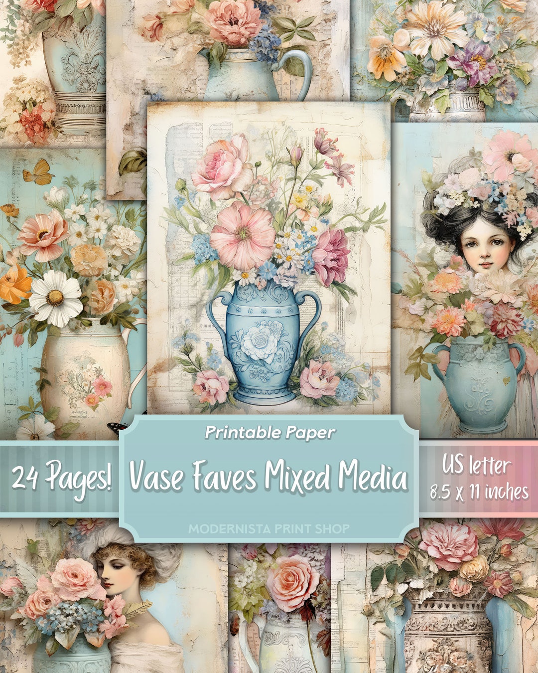 Vase Faves Mixed Media Junk Journal Kit, Digital Papers, Floral ...