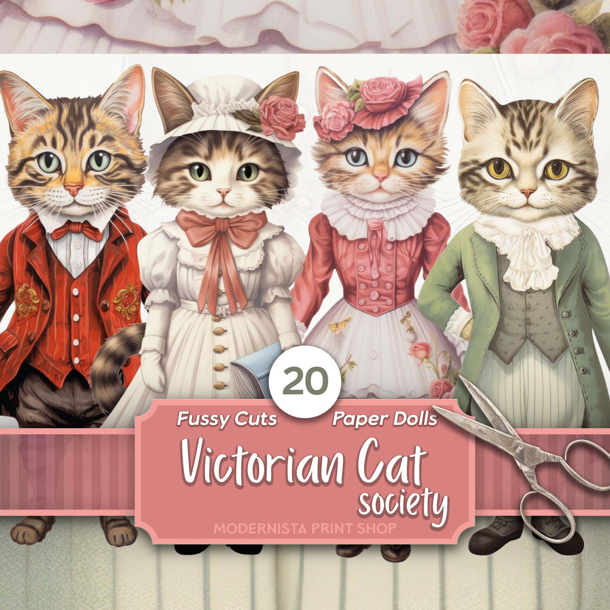 Victorian Cat Paper Dolls Kit | Dolls Journaling | Fussy Cut | Digital ...