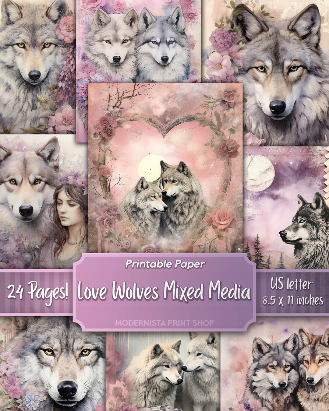 Love Wolves Mixed Media Junk Journal Art Kit, Digital Papers, Purple ...