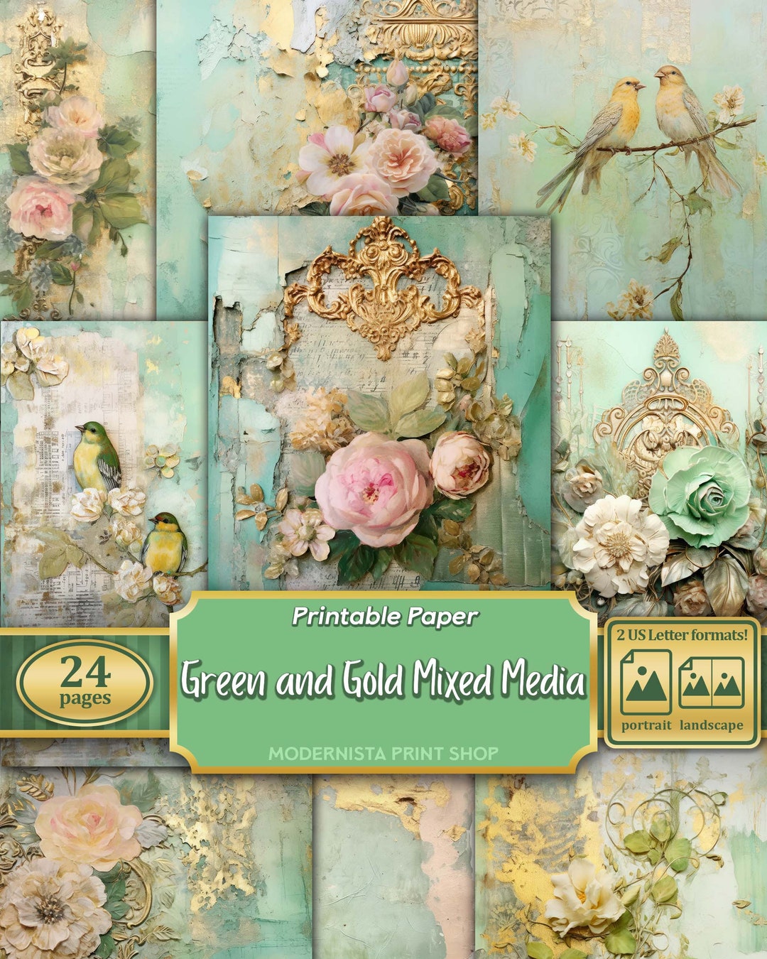 Green and Gold Mixed Media Junk Journal Art Kit, Digital Papers ...