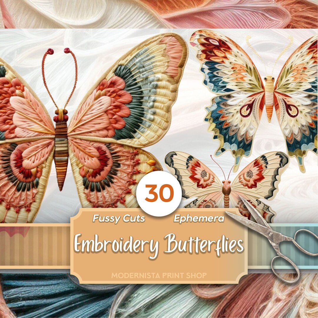 30 Embroidery Butterflies Fussy Cuts Ephemera Journaling Fussy Cut ...